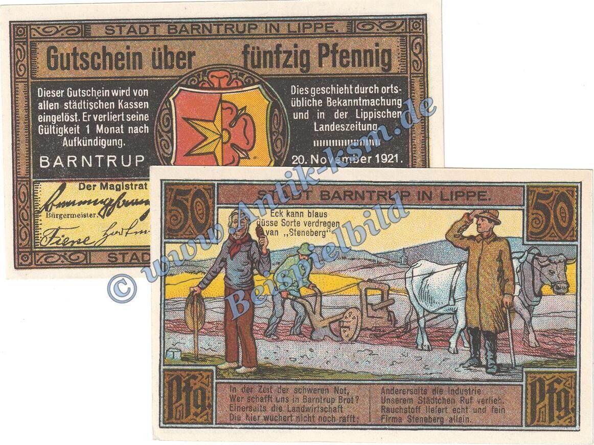 Notgeld DE 50 Pf. Nr.1 Barntrup, Notgeld 50 Pfennig Schein Nr.1 in kfr ...