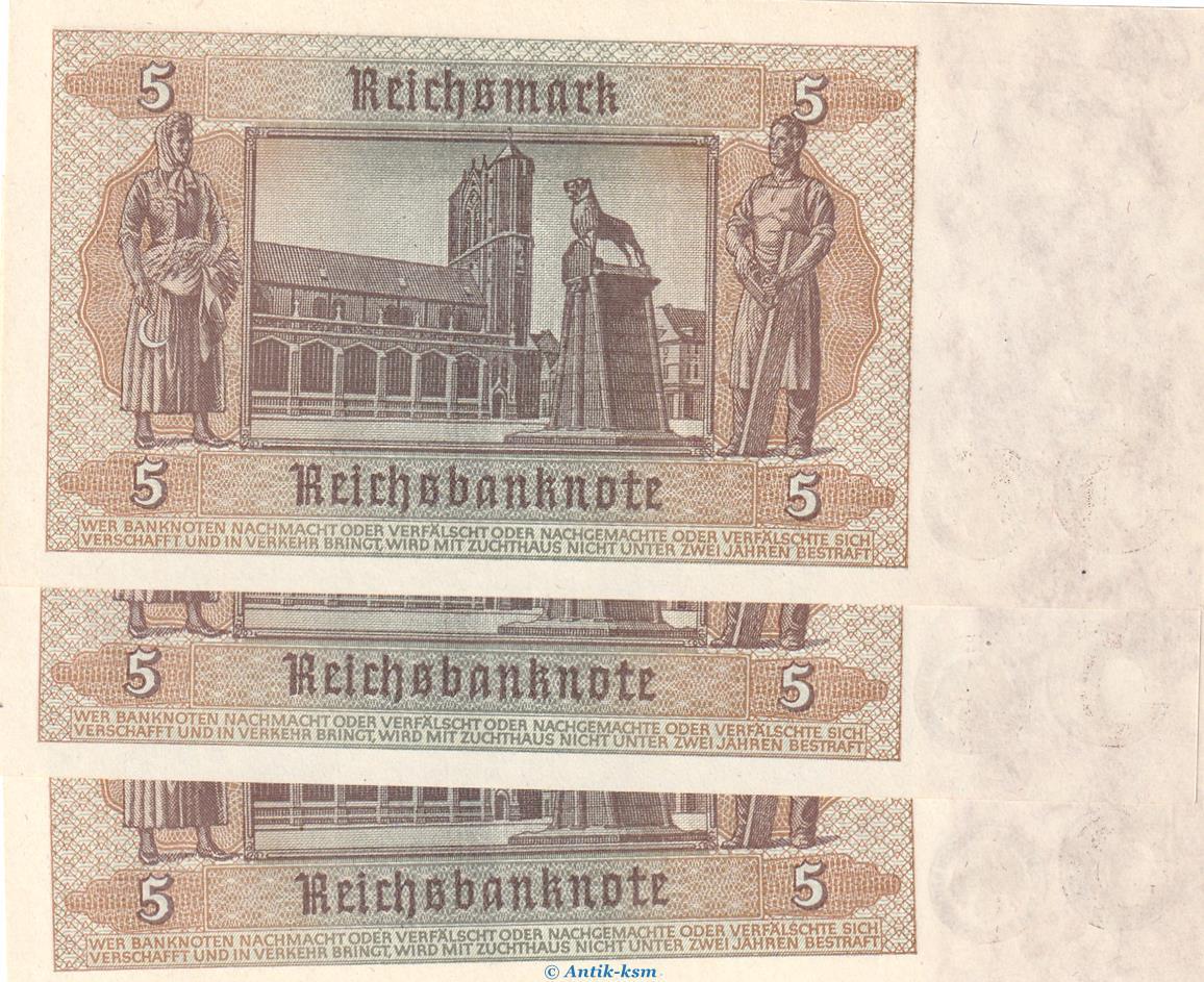 drittes Reich 3 x 5 Reichsmark Kn fortlaufend 1942 3 x Reichsbanknote ...