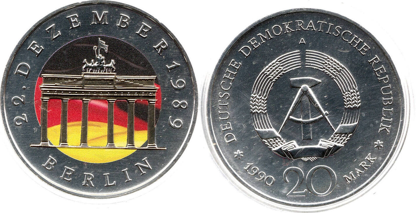 DDR 20 Mark 1990 versilbert, koloriert, Brandenburger Tor, 22.12.1989 ...
