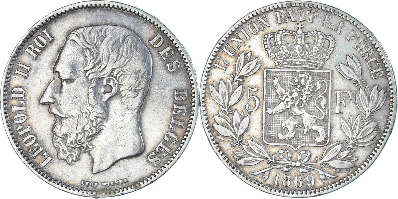 Belgium 5 Francs 1869 Coin, Leopold II, Silver, KM:24 EF(40-45) | MA-Shops