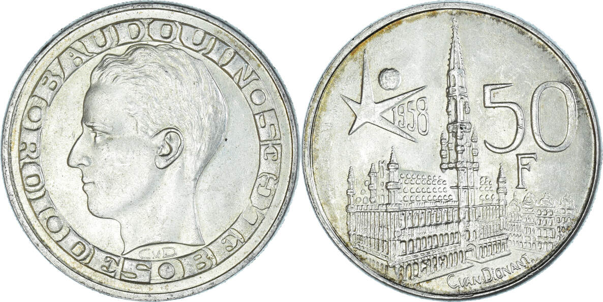 Belgium 50 Francs, 50 Frank 1958 Brussels Coin, Brussels, Silver, KM ...