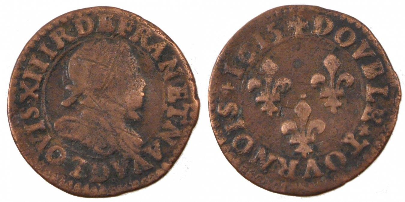 France 1615 D Coin, Louis XIII, Double tournois, buste enfantin au col ...