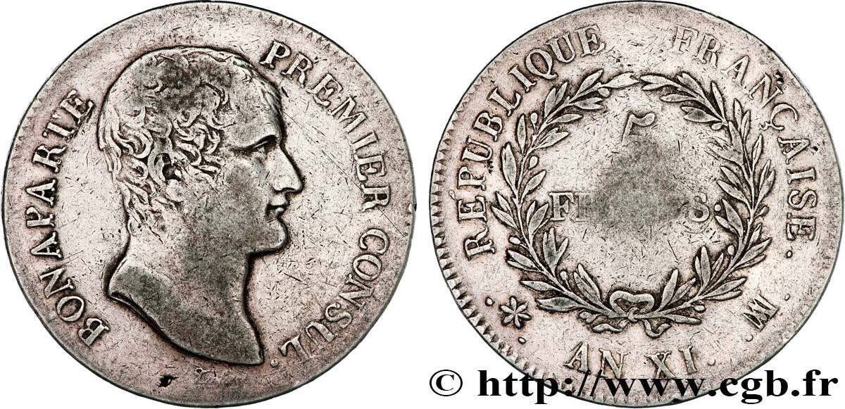 FRANCE 5 francs Bonaparte Premier Consul CONSULATE Marseille 1803 (37mm ...