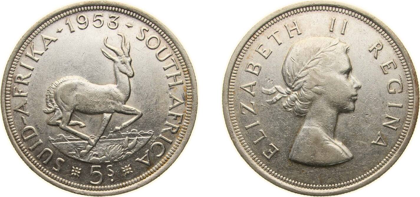 1953 Pretoria Mint South Africa Union 1953 5 Shillings - Elizabeth II (1st portrait) Silver ...