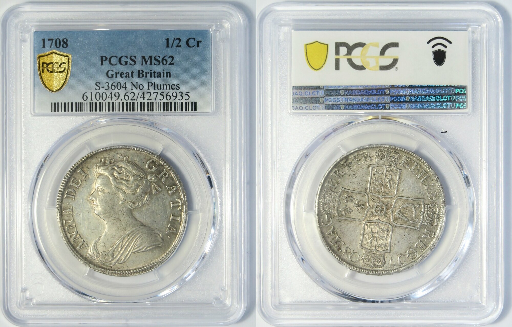 Great Britain 1/2 Cr 1708 Only 1 graded higher by PCGS PCGS MS62 | MA-Shops