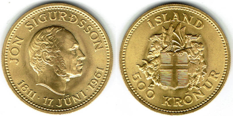 Island 500 Kronen Iceland Gold Coin 1961 Jon Sigurdsson 500 Kronur island-500-kronen-iceland-gold-coin-1961-jon-sigurdsson-500-kronur