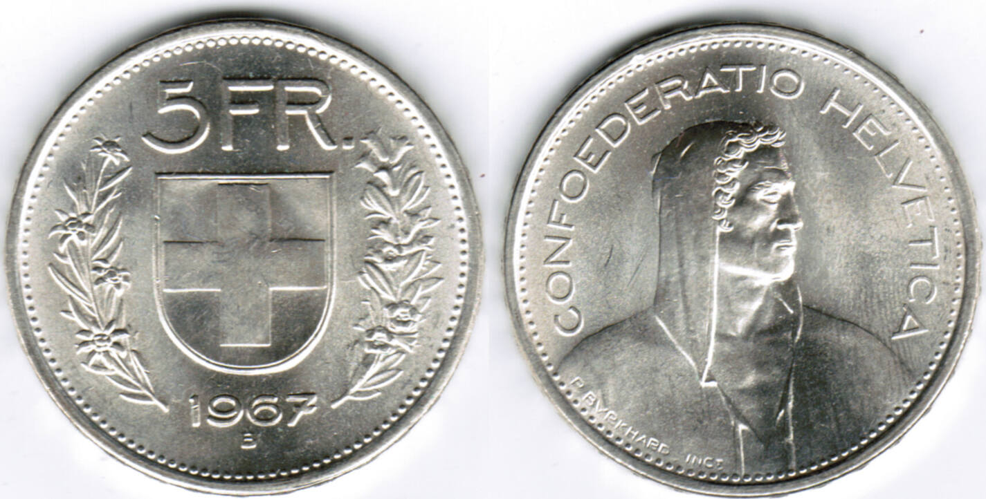 Schweiz Switzerland, silver coin, 5 Franken 1967 B, like scan UNC | MA-Shops