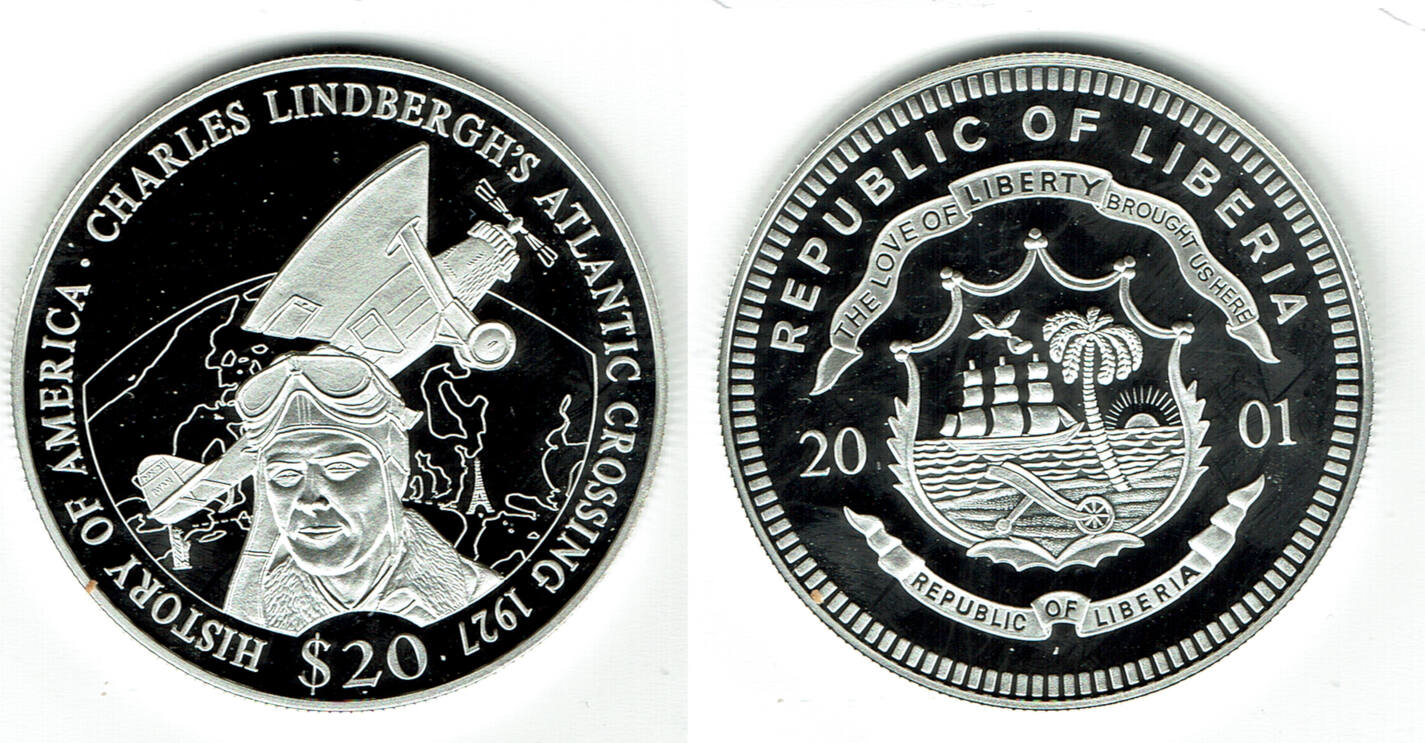2001 Republic of Liberia, silver coin, 20 Dollars " Charles Lindberg ...