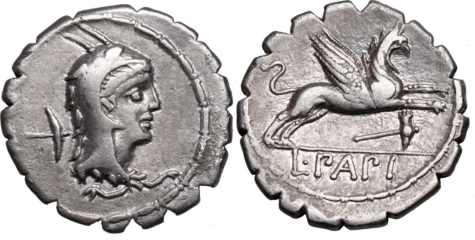 L. Papius (79 BCE) AR Denar Rom, JUNO, Greif, Hammer aEF | MA-Shops