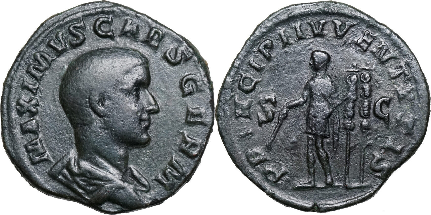 MAXIMUS (Caesar, 236-238) AE Sesterz Rom, Kaiser neben Standarten VF ...
