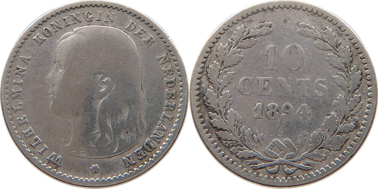 NETHERLANDS 10 CENTS 1894 Wilhelmina 1890-1948 VF- | MA-Shops