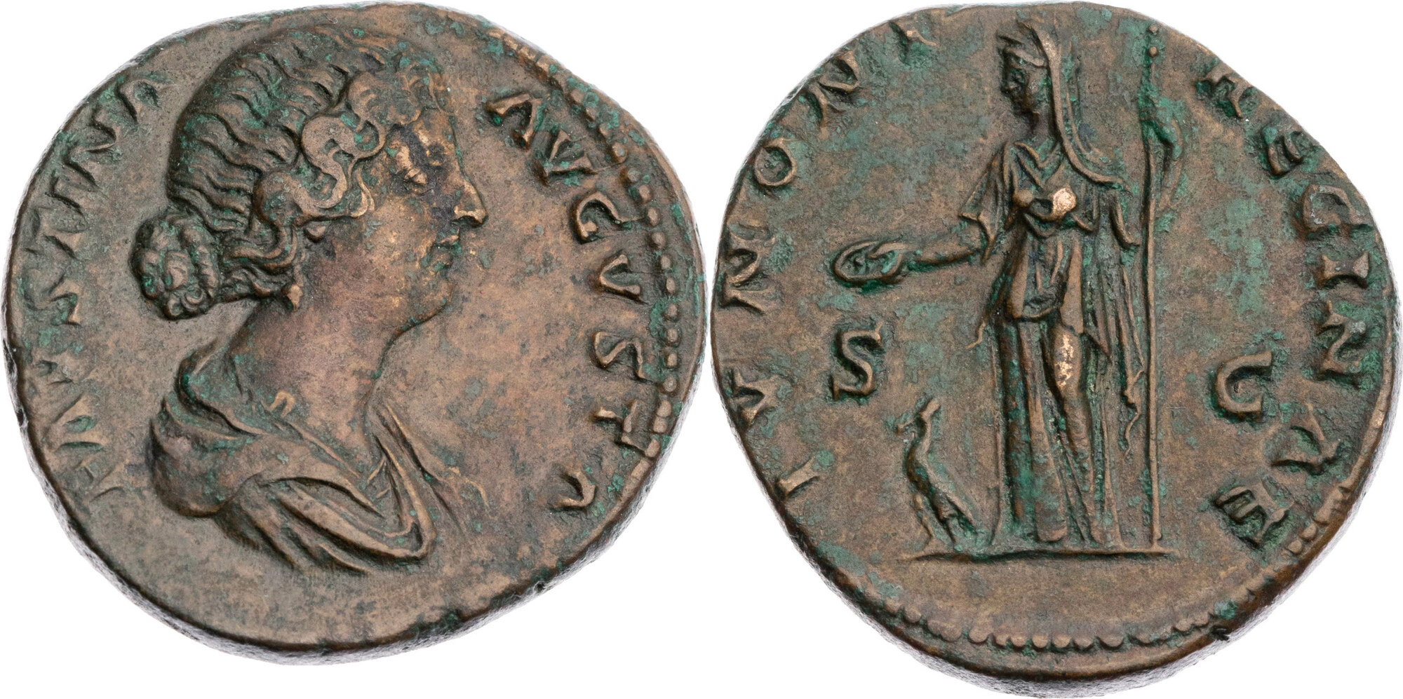 Römische Kaiserzeit Sesterz 161-164 n. Chr. Faustina II., Büste / IVNONI REGINAE, Iuno mit ...