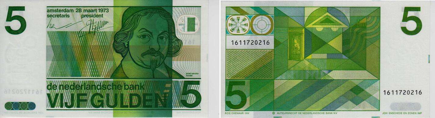 Banknote - Niederlande - 1973 - 5 Gulden - Joost van den Vondel unc ...