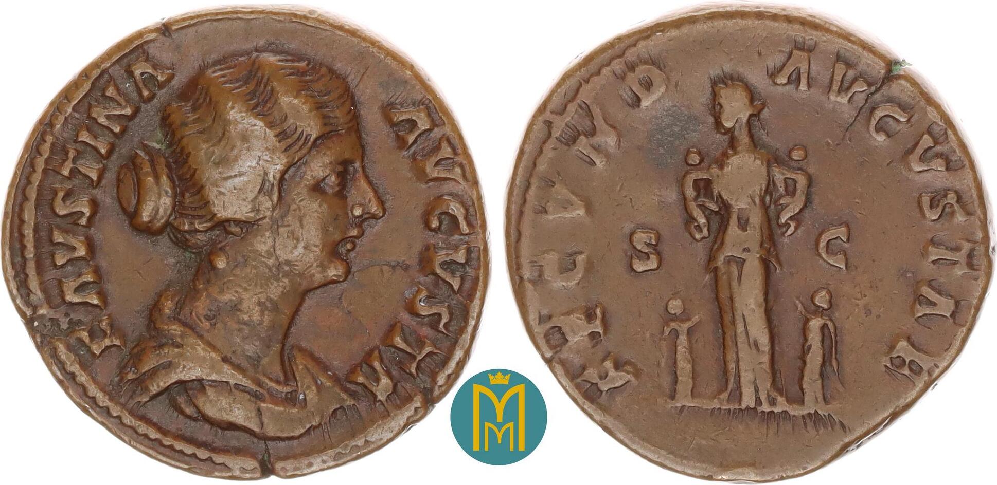 Römische Kaiserzeit Sesterz Faustina II., Gattin des Marcus Aurelius. VF, schöne braune Patina ...