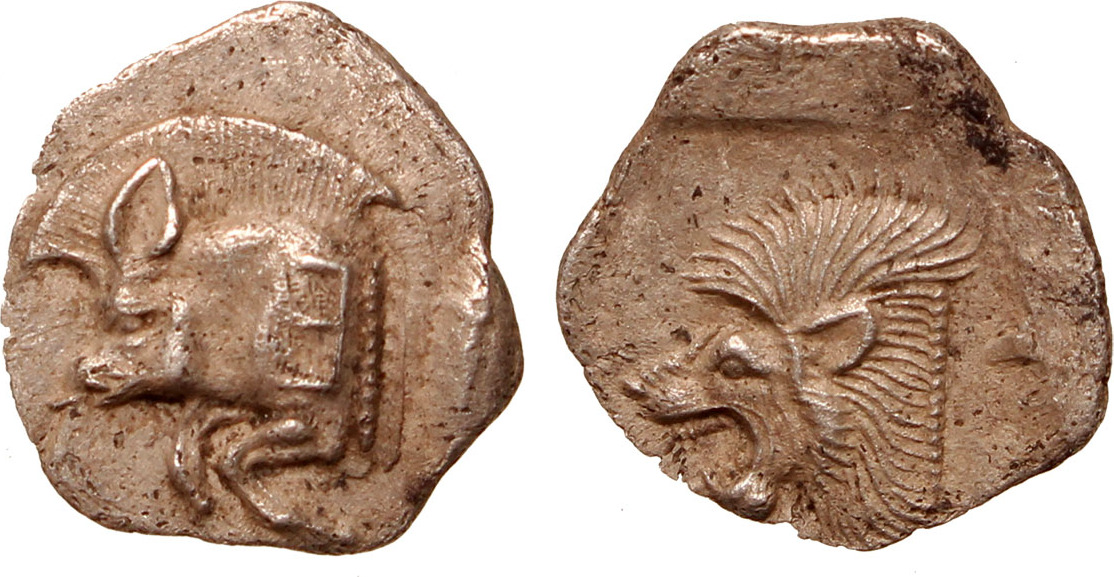 Greek obol ca. 450-400 BC Mysia, Kyzikos, Forepart of Boar / Head of ...