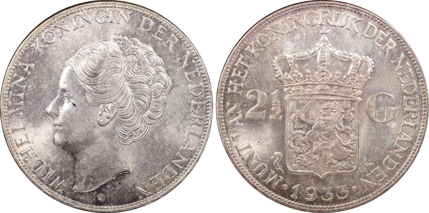 Netherlands 2½ Gulden grof haar 1933 Wilhelmina 2 1/2 gulden of rijksdaalder PCGS MS62 | MA-Shops