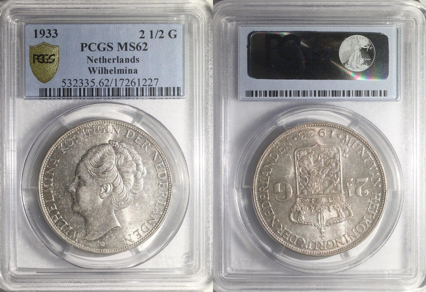 Netherlands 2½ Gulden grof haar 1933 Wilhelmina 2 1/2 gulden of rijksdaalder PCGS MS62 | MA-Shops