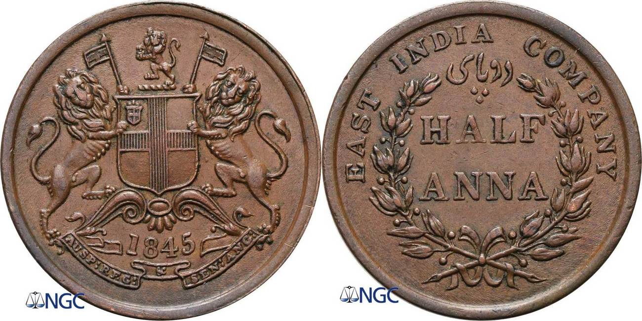 India British 1/2 Anna 1845 (c) East India Company NGC AU 58 | MA-Shops