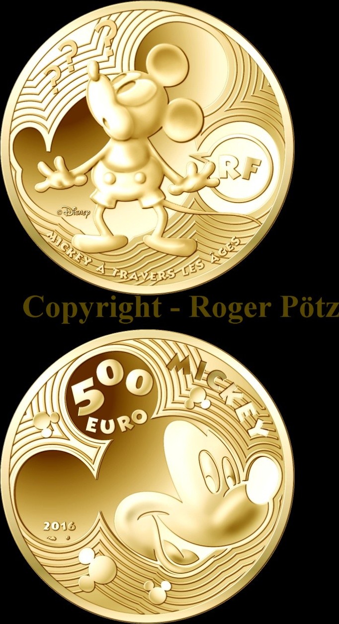 FRANKREICH 500 Euro Gold 2016 Mickey Mouse im Wandel der Jahre proof ...