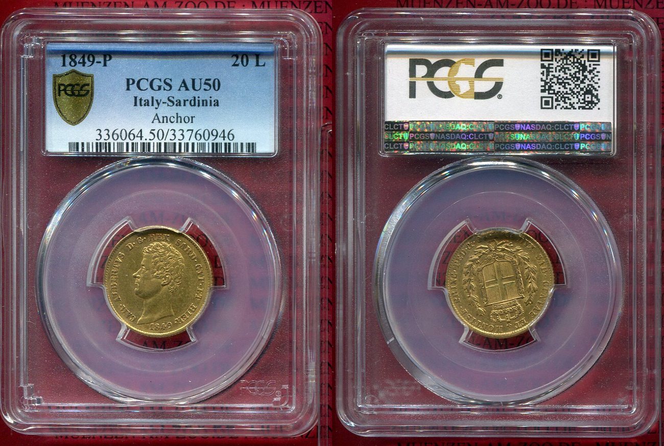 Sardinien Italien 20 Lire Lira Goldmünze 1849 Carl Albert Anchor USA AU ...