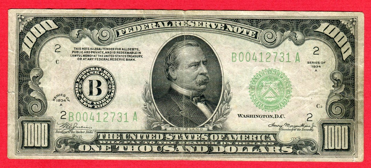 1000 Dollar 1934 A Federal Reserve Bank Note - One Thousand Dollars ...