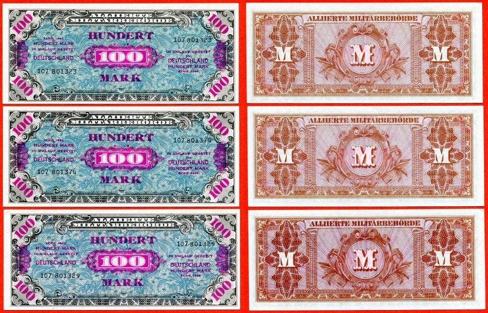 Deutschland unter alliierter Besatzung 300 Mark 1944 LOT 3x 100 Mark ...