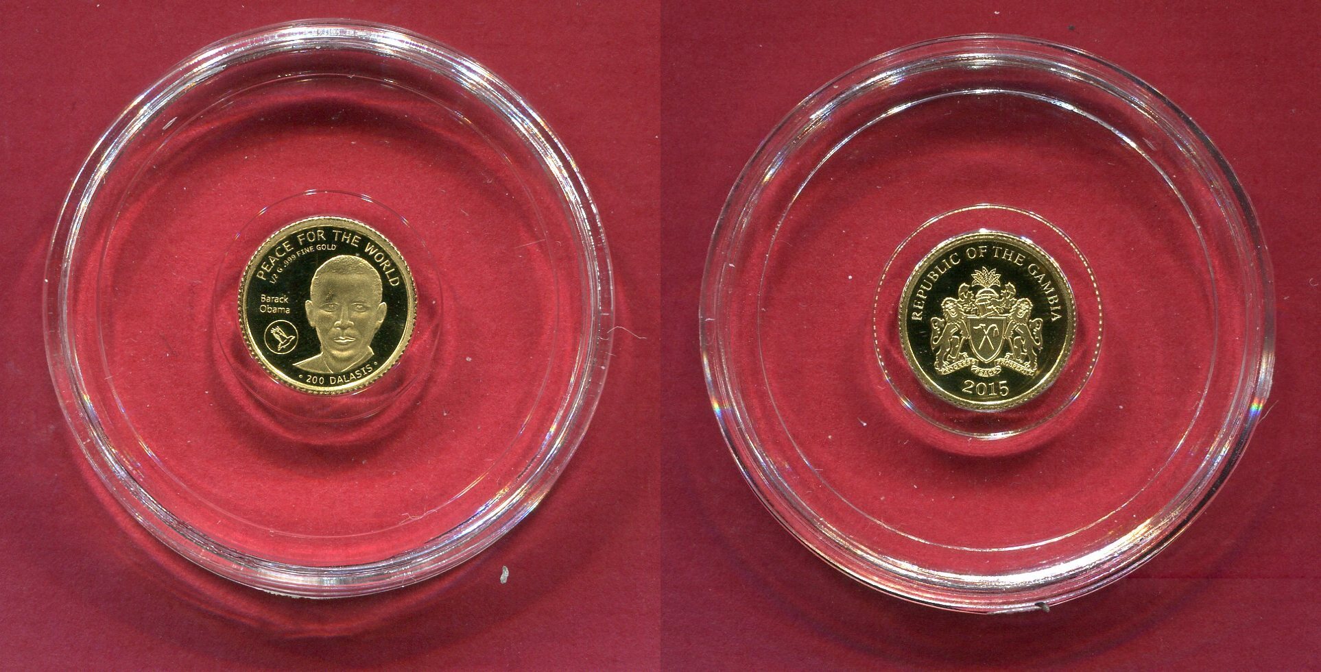 Gambia 200 Dalasis Minigoldmünze 2015 Barack Obama proof in capsule ...