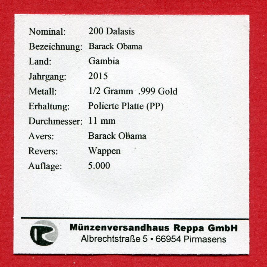 Gambia 200 Dalasis Minigoldmünze 2015 Barack Obama proof in capsule ...