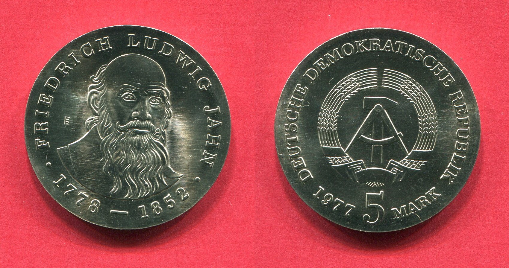 DDR 5 Mark Neusilber 1977 Gedenkmünze zum 125. Todestag Friedrich Ludwig Jahn 1778 - 1852 unc ...
