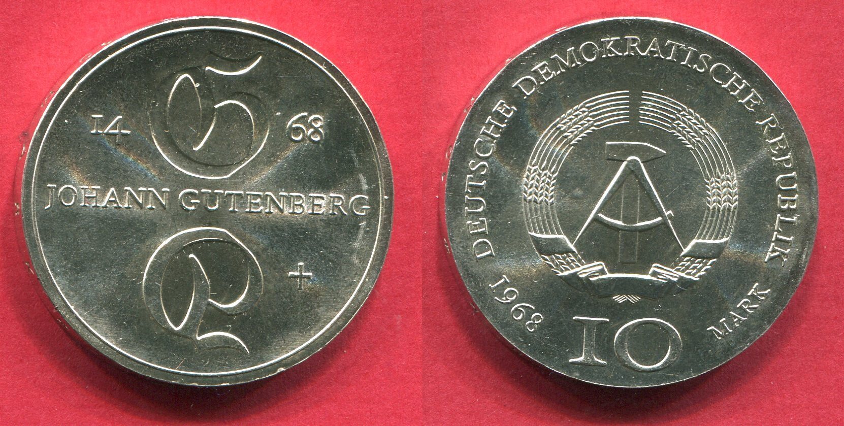 DDR 10 Mark Silbergedenkmünze 1968 500. Todestag Johannes Gutenberg ...