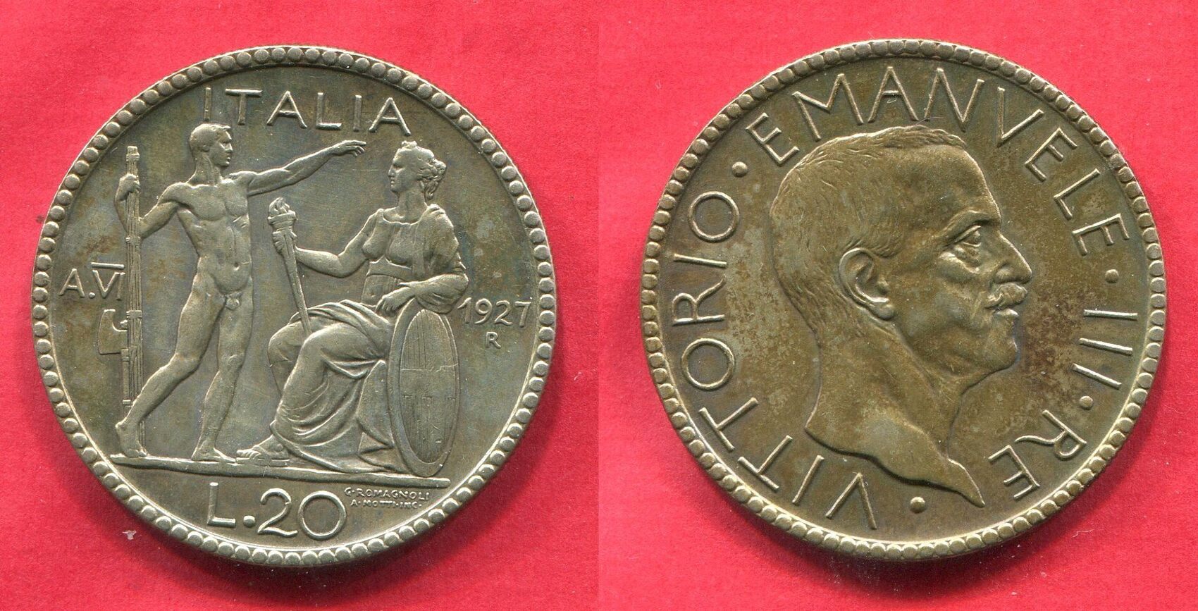 Italien Italy 20 Lire 1927 R A VI Victtorio Emanuele III. low unc toned ...