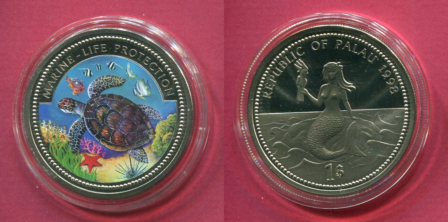 Palau 1 Dollar Cu-Ni-Münze 1998 Marine-Life Protection - Meeresschildkröte (m. Farbapplikation ...