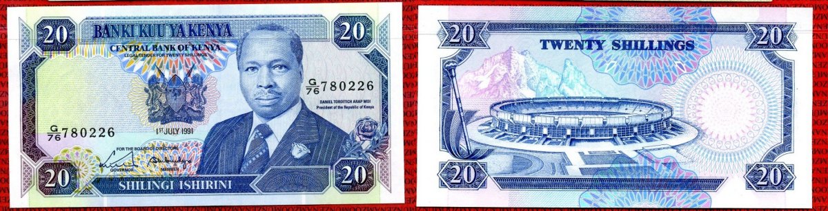 Kenya 20 Shillingi Banknote 1. Juli 1991 Daniel Toroitich Arap Moi ...