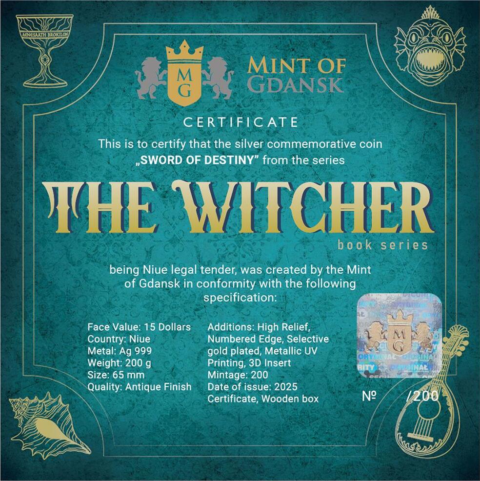 15 Dollars SWORD OF DESTINY The Witcher Silver Coin 15$ Niue 2025 ...