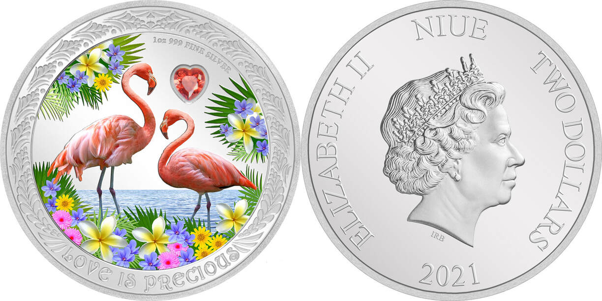 2 Dollars FLAMINGOS Love is Precious 1 Oz Silver Coin 2$ Niue 2021 ...