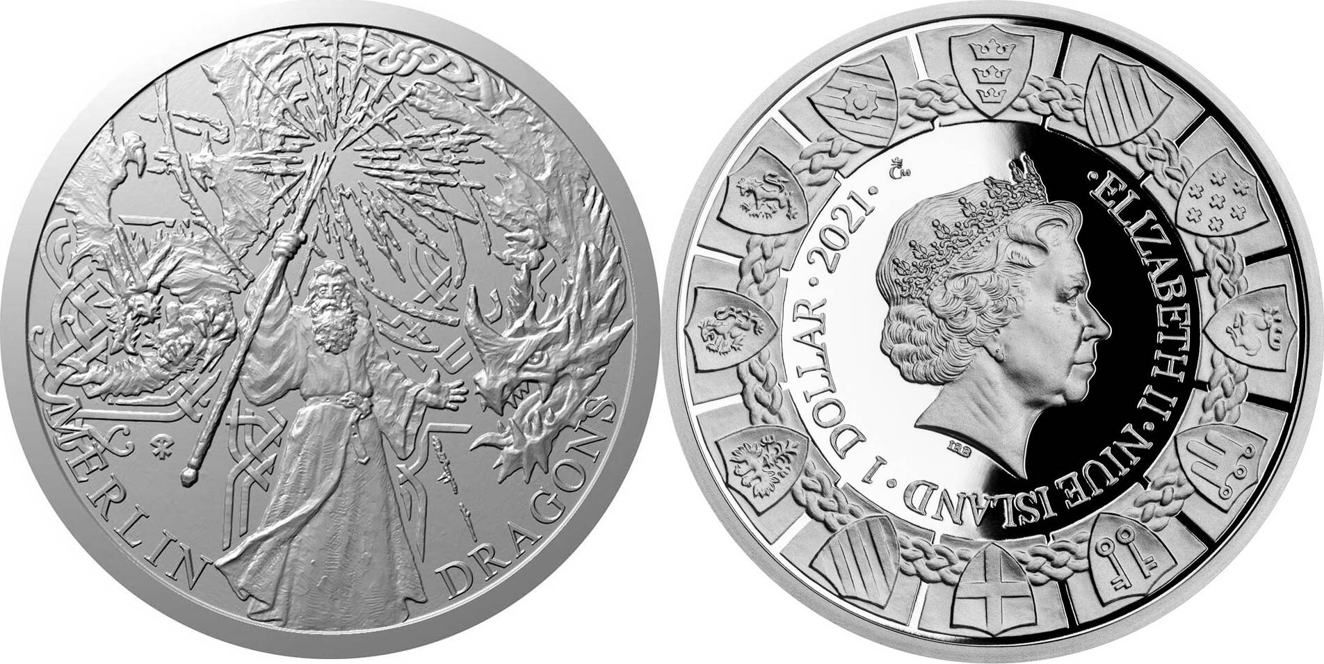 1 Dollar MERLIN AND DRAGONS the Legend of King Arthur 1 Oz Silver Coin ...