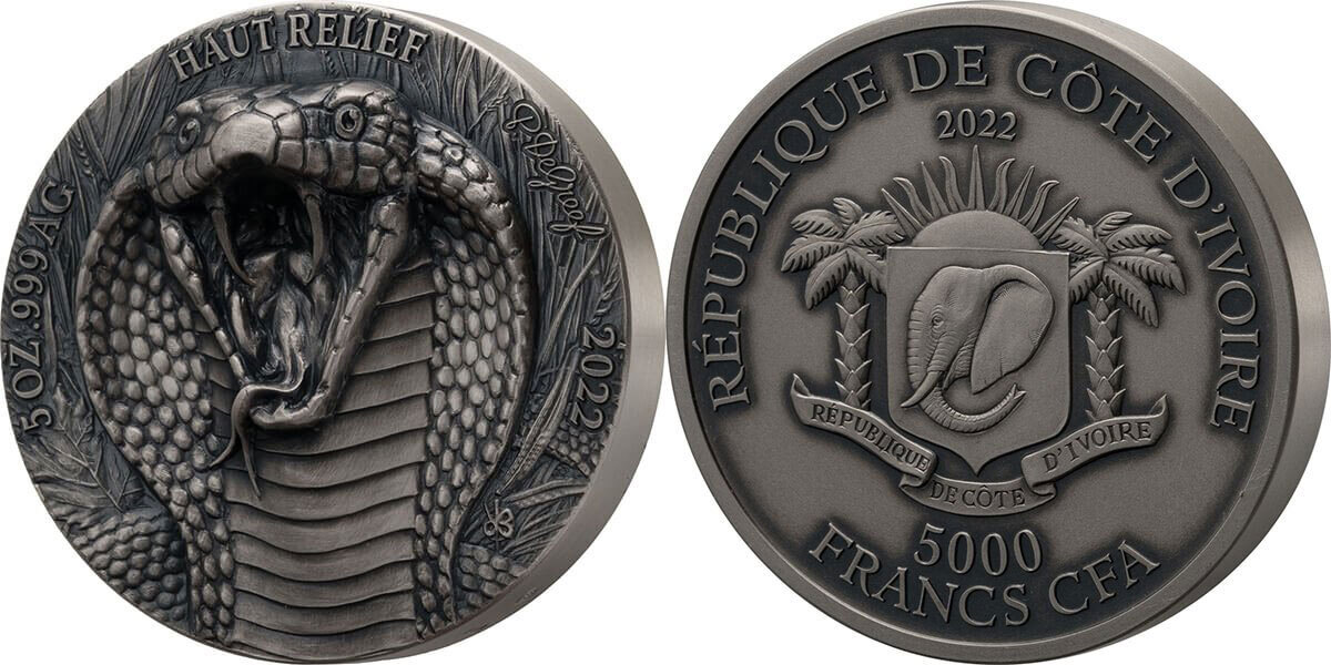 KING KOBRA Cobra Big Five Asia 5 Oz Silver Coin 5000 Francs Ivory Coast ...