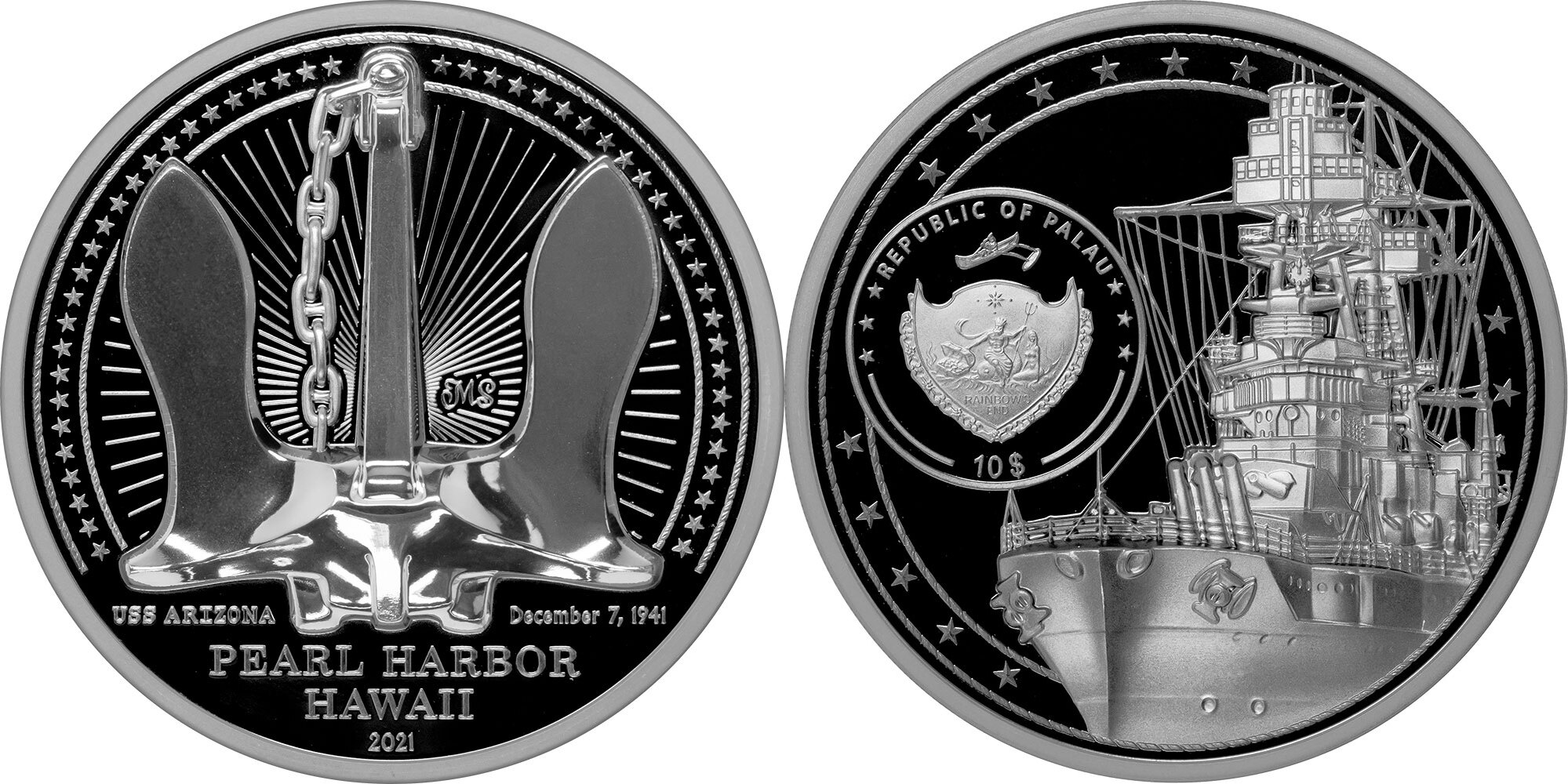 10 Dollars USS ARIZONA by Miles Standish 2 Oz Silver Coin 10$ Palau ...