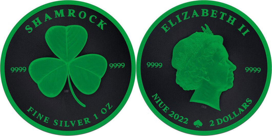2 Dollars SHAMROCK Cyber Green 1 Oz Silver Coin 2$ Niue 2022 BU-Brilliant Uncirculated | MA-Shops
