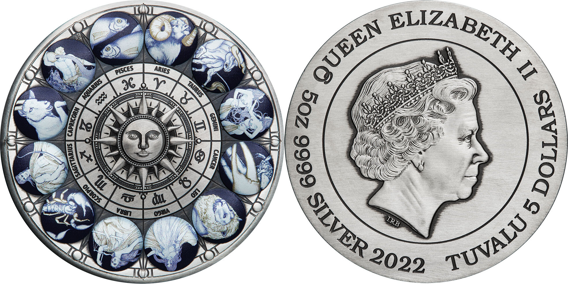 5 Dollars SIGNS OF THE ZODIAC 5 Oz Silver Coin 5$ Tuvalu 2022 Antique ...