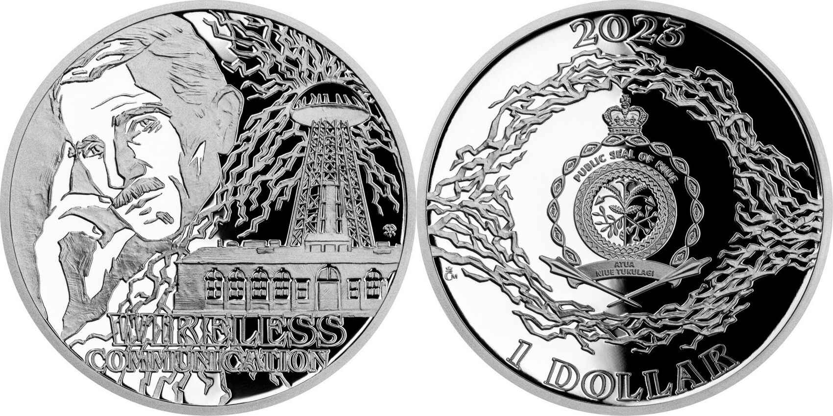 1 Dollar WIRELESS COMMUNICATION Nikola Tesla 1 Oz Silver Coin 1$ Niue ...
