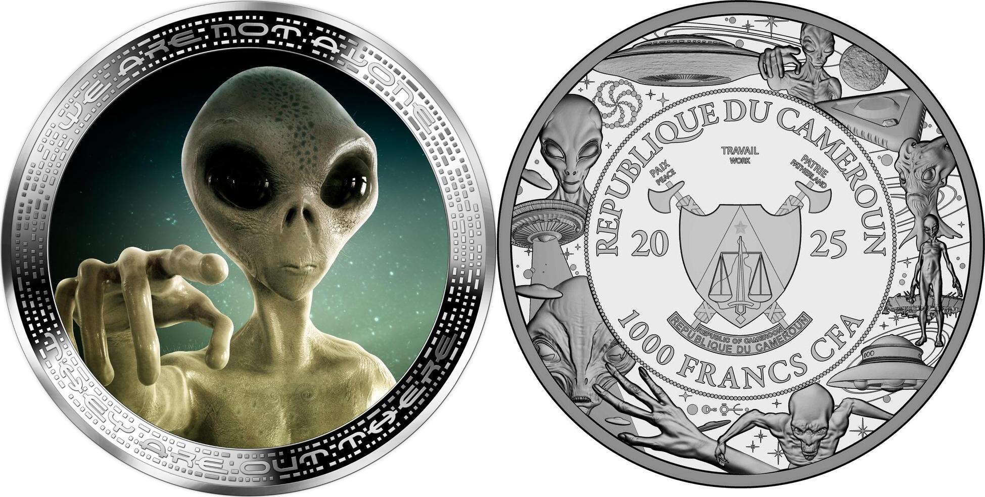ALIEN FACE We are not Alone 1 Oz Silver Coin 1000 Francs Cameroon 2025 ...