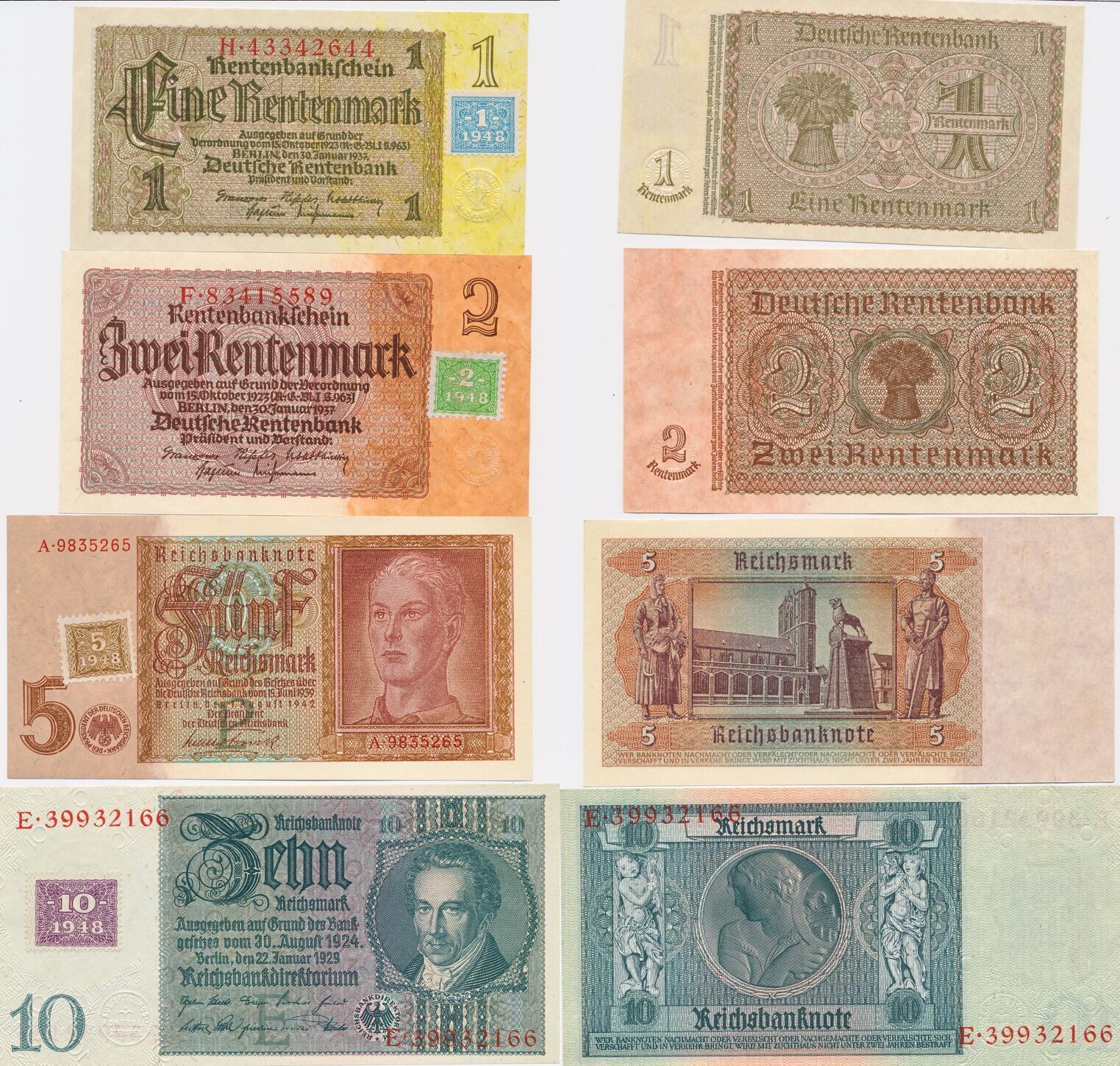 Deutschland DDR Sowjetische Besatzung 1,2 Rentenmark, 10,20,50,100 ...