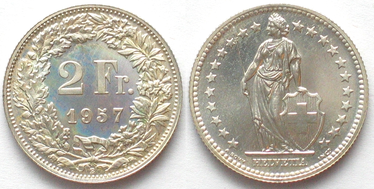 Schweiz SWITZERLAND. SPECIMEN 2 Francs 1957 silver RARE!!! Prooflike ...