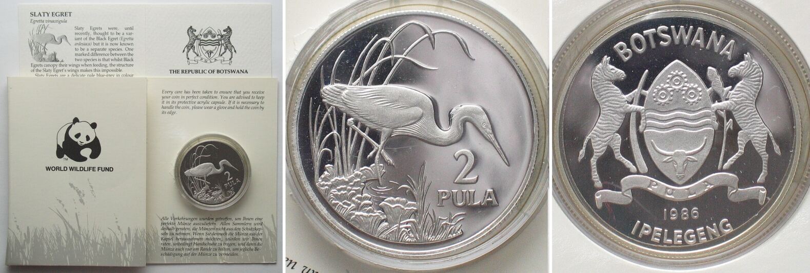 BOTSWANA 2 Pula 1986 Slaty egret WWF silver Proof | MA-Shops