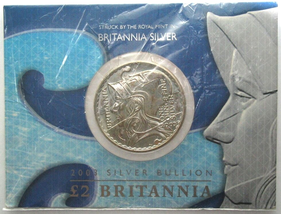 England BRITANNIA 2 Pounds 2003 ELIZABETH II 1 oz silver in folder UNC ...