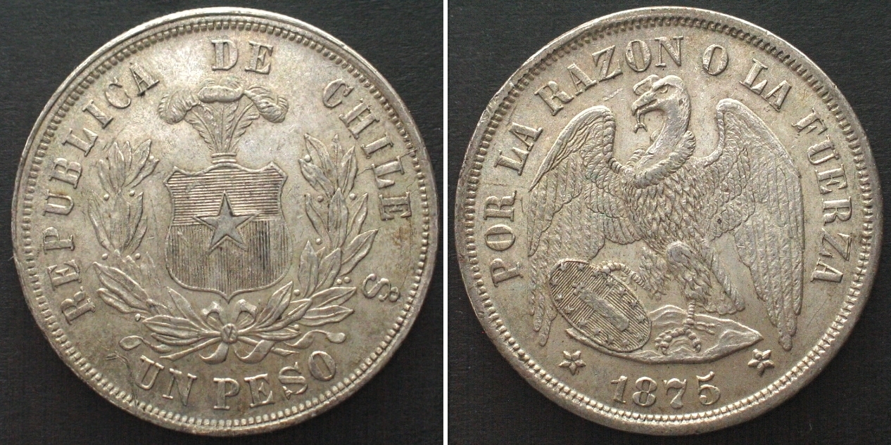 CHILE. Peso 1875 silver UNC-!!! | MA-Shops