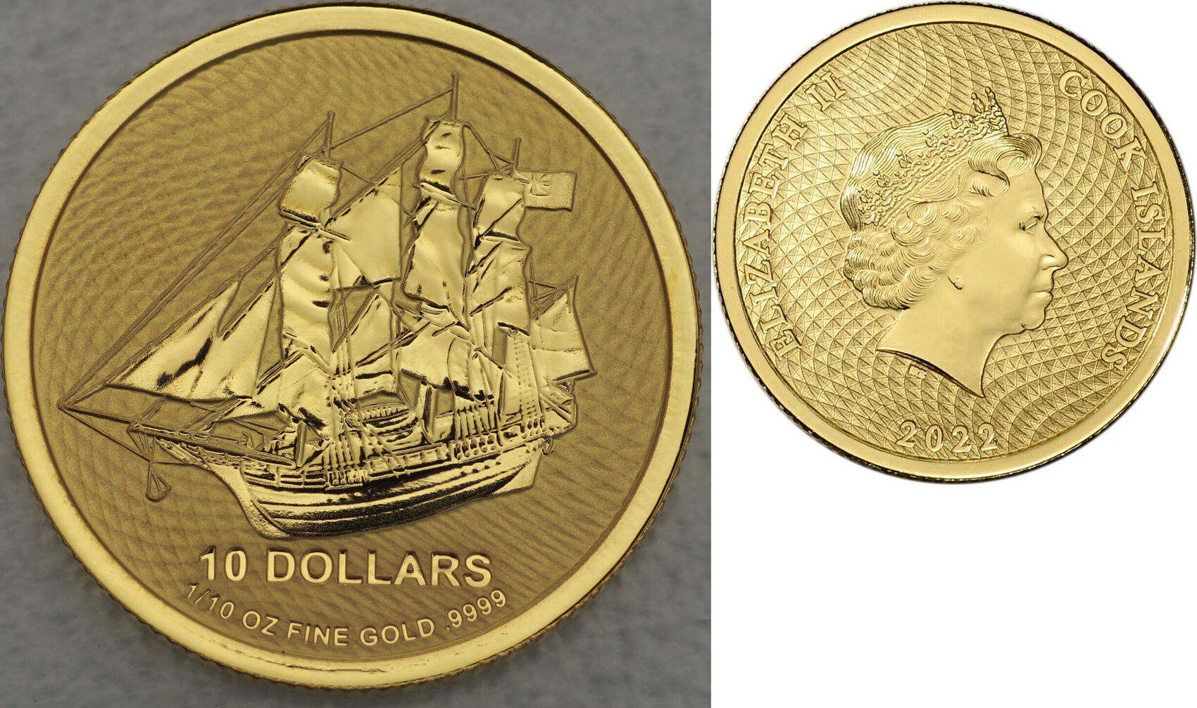 10 Dollar Cook Islands Sailing Ship Bounty 2022 1/10 oz Gold Coin Proof ...