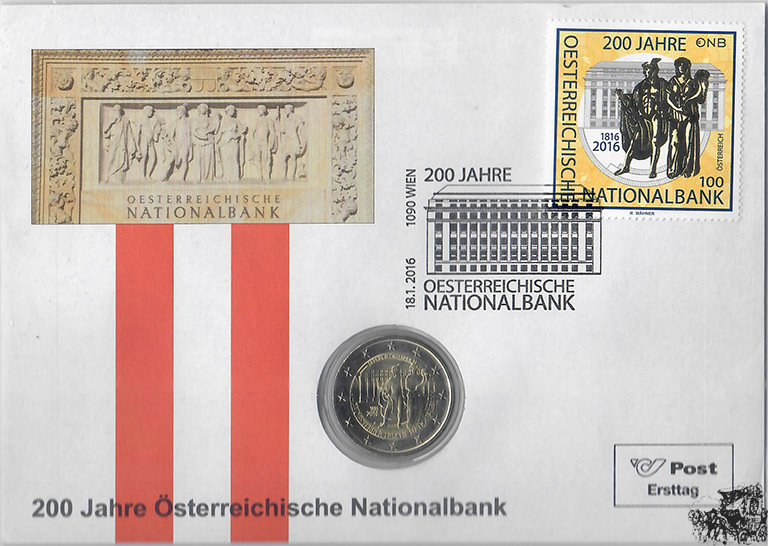 2 € Münze + 1,00 € Briefmarke Euro 2016 Numisbrief Österreich - 200 Jahre Österreichische ...