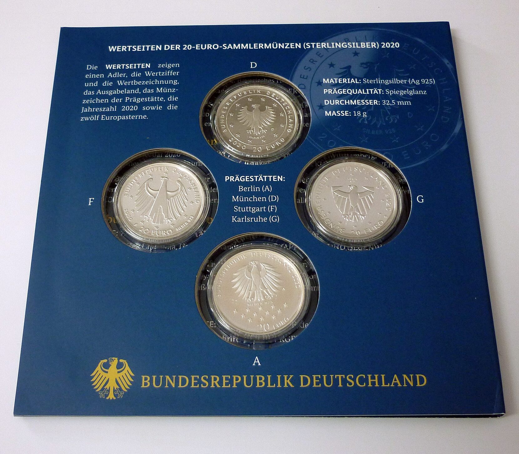 Deutschland, BRD, Germany 4 x 20 Euro 2020 Sammlermünzenset Proof, Im ...
